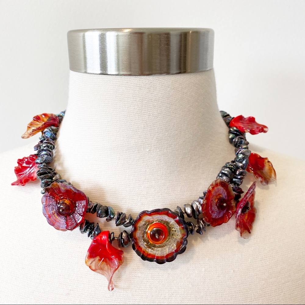 Lyn Foley Flowers Leaves Handblown Glass Necklace - Gem